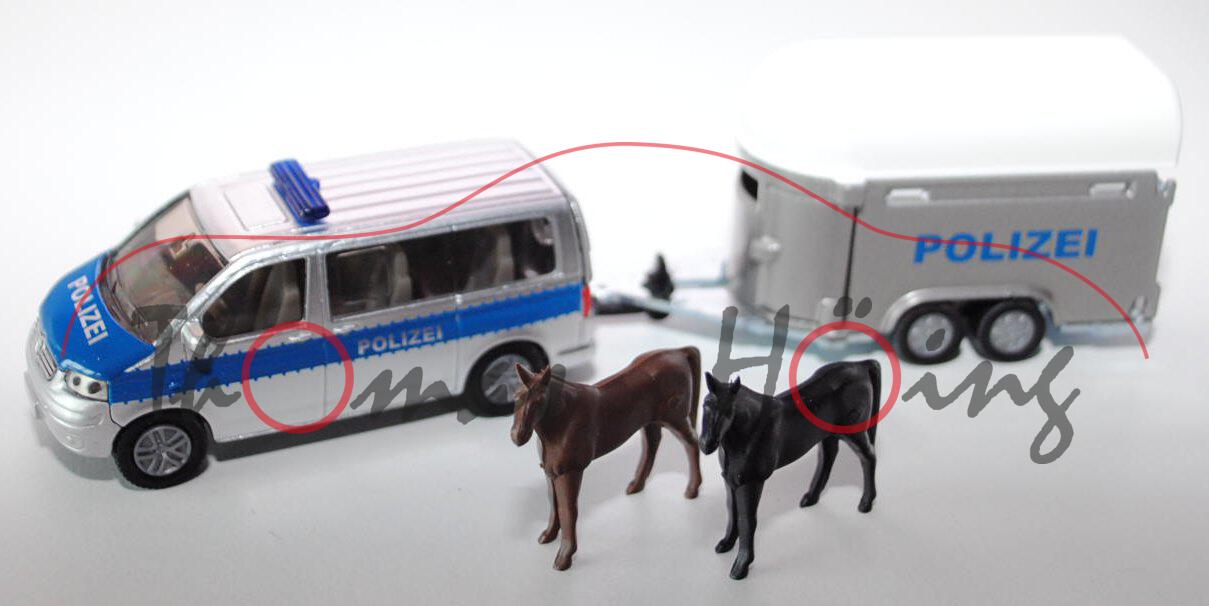 00008 VW T5 Multivan (Modell 2003-2009) mit Pferdeanhänger, chromsilber, blauer Streifen ...